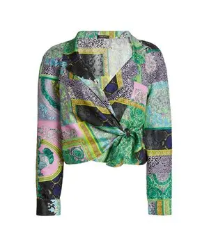 Versace Cropped Patchwork-print Silk Twill Tie-front Shirt