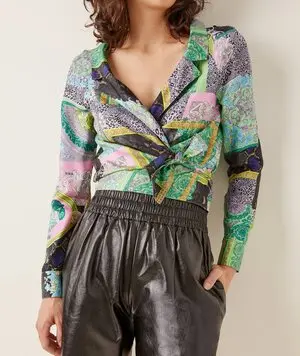 Versace Cropped Patchwork-print Silk Twill Tie-front Shirt