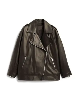 Massimo Dutti Oversized Leather Biker Jacket - One-color