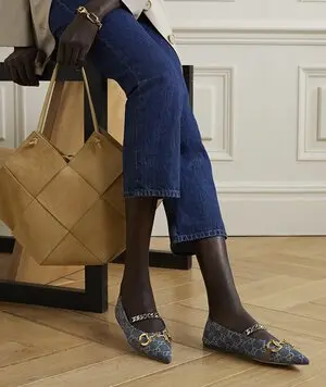 Gucci - Deva Embellished Logo-Jacquard Organic Denim Collapsible-Heel Point-Toe Flats