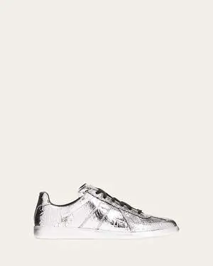 MAISON MARGIELA Men's Replica Metallic Cracked Leather Low-Top Sneakers Silver