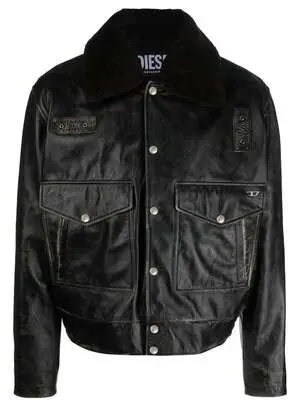 DIESEL® Leather Press-stud Fastening Jacket - Black