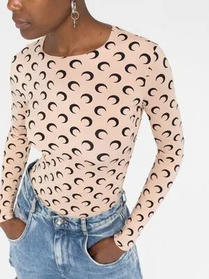 MARINE SERRE Moon Print Long Sleeve Crewneck Top - Neutrals