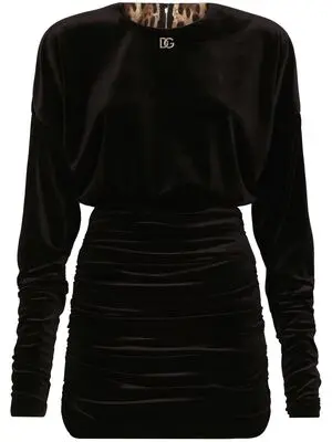 Dolce & Gabbana Draped Velvet Mini Dress With Dg Logo