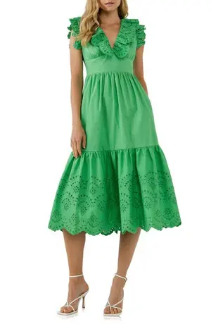 English Factory Eyelet Trim Cotton Midi Dress - Green