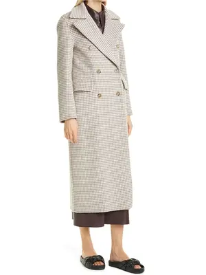 Nanushka Lana Check Double Breasted Wool & Silk Coat