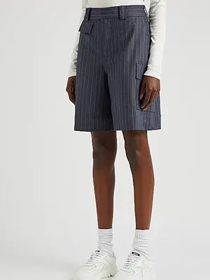 GANNI Navy Pinstriped Twill Shorts