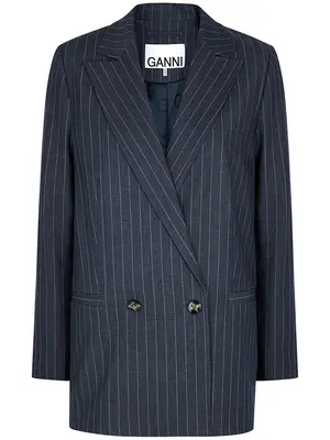 GANNI Navy Pinstriped Double-breasted Twill Blazer