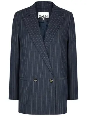 GANNI Navy Pinstriped Double-breasted Twill Blazer