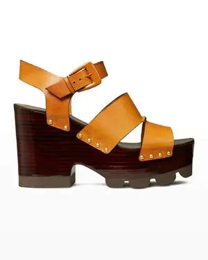 Tory Burch Studded Leather Clog Sandals - Caramel