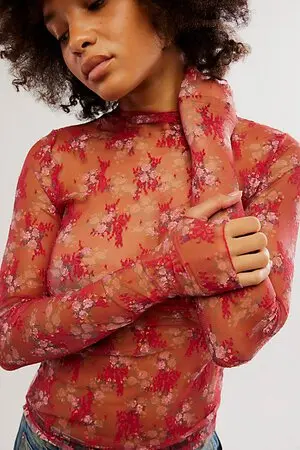 Free People Lady Lux Printed Layering Top Scarlet Combo
