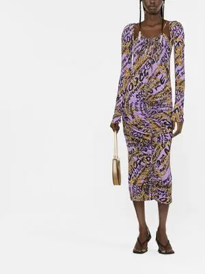 Versace All-over Logo-print Gathered Midi Dress