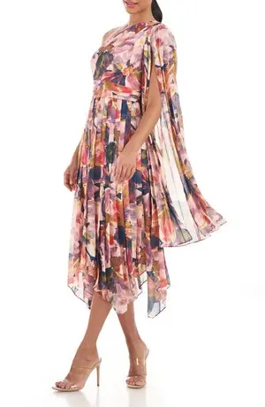 KAY UNGER Lilah Floral One-shoulder Chiffon Gown