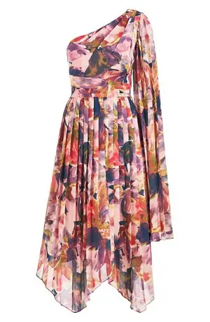 KAY UNGER Lilah Floral One-shoulder Chiffon Gown