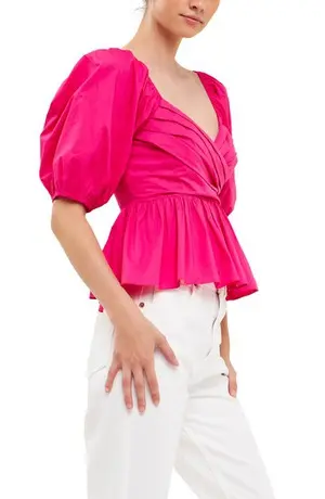 English Factory Puff Sleeve Cotton Peplum Top