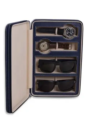 BEY-BERK Leather Watch & Glasses Case - Blue
