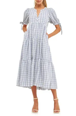 English Factory Plaid Tiered Midi Dress - Cream Multi