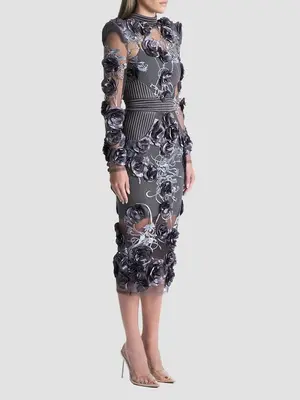 ZHIVAGO Battle Lines Floral-embellished Vendetta Dress - Grey