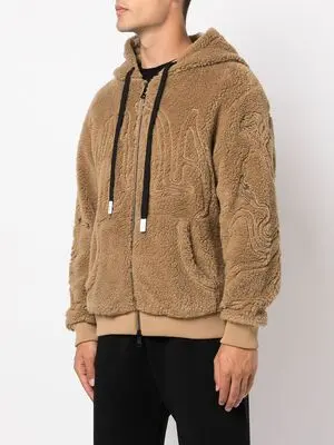 HACULLA. Faux Shearling Embroidered Zip-up Hoodie - Brown