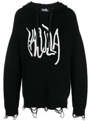 HACULLA. Logo-print Distressed Knitted Hoodie - Blue