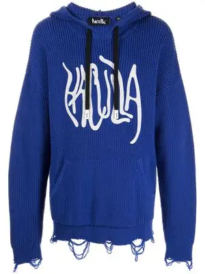 HACULLA. Logo-print Distressed Knitted Hoodie - Blue