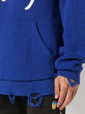 HACULLA. Logo-print Distressed Knitted Hoodie - Blue