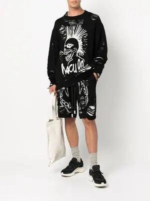 HACULLA. Intarsia-knit Distressed Track Shorts - Black