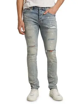PURPLE BRAND Men's P001 Paint Splatter Distressed Skinny Jeans - Light Indigo Paint  - Light Indigo Paint