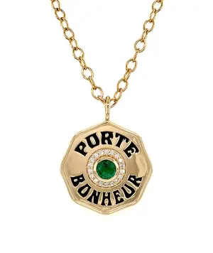 MARLO LAZ-Marlo Laz Large Emerald And Black Enamel Diamond Porte Bonheur Yellow Gold Coin Necklace