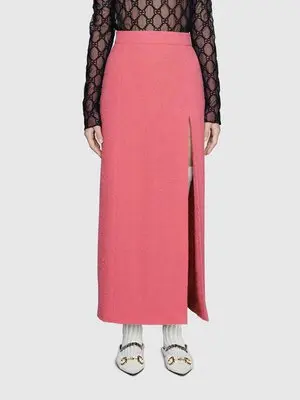 Gucci Pink-multicolor Soft Wool Tweed Long Skirt With Frontal Slit At The Side