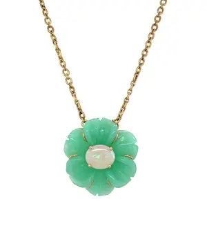 irene neuwirth-Carved Chrysoprase And Opal Tropical Flower Yellow Gold Necklace