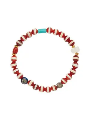 ileana makri-Striped Brown Agate Pave Ball And Pave Evil Eye Beaded Bracelet