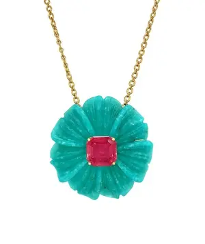 irene neuwirth-Carved Amazonite And Pink Tourmaline Tropical Flower Yellow Gold Necklace