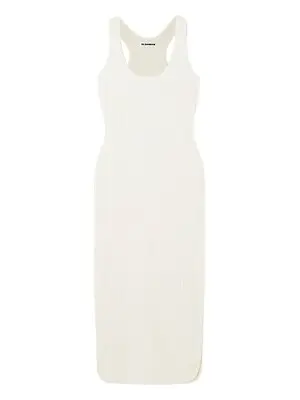 JIL SANDER Cream Ribbed Cotton Blend Midi Dress