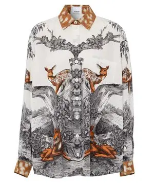 Burberry Deer Sketch Print Silk Oversized Shirt