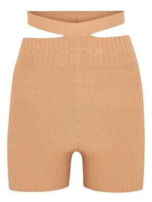 ANDREĀDAMO Camel Cut-out Ribbed-knit Shorts