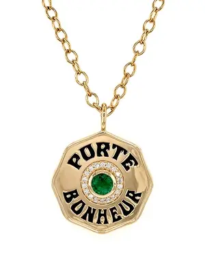 MARLO LAZ - Large Emerald And Black Enamel Diamond Porte Bonheur Yellow Gold Coin Necklace