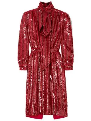 Saint Laurent Pussy-bow Striped Sequined Silk-crepe Midi Dress