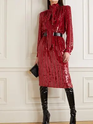 Saint Laurent Pussy-bow Striped Sequined Silk-crepe Midi Dress