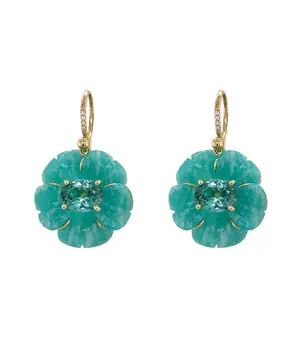 irene neuwirth-Amazonite And Green Tourmaline Tropical Flower Yellow Gold Earrings