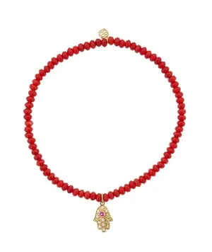SYDNEY EVAN-Ruby Hamsa Yellow Gold Charm On Barrel Coral Beaded Bracelet