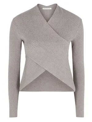 Live The Process Grey Ribbed-knit Wrap Jumper