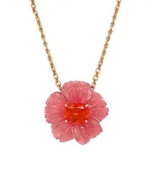 irene neuwirth-Carved Rhodochrosite And Fire Opal Tropical Flower Rose Gold Necklace