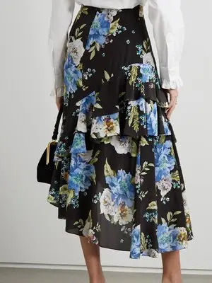 Erdem - Antoinette Asymmetric Ruffled Floral-print Silk Crepe De Chine Midi Skirt