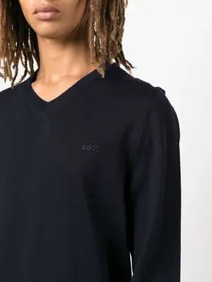 BOSS Logo-embroidered V-neck Jumper - Blue