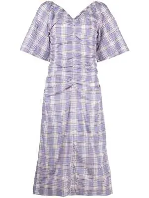 GANNI Checked Draped Midi Dress - Purple