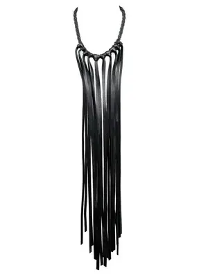 PLIK Long Black Leather Fringe Necklace-lima