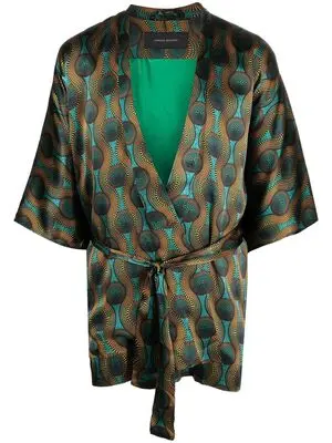 Ozwald Boateng Geometric-print Tie-waist Jacket - Green