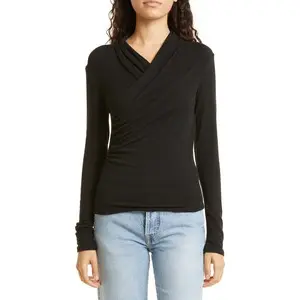 Vince Wrap Front Long Sleeve Knit Top - Black