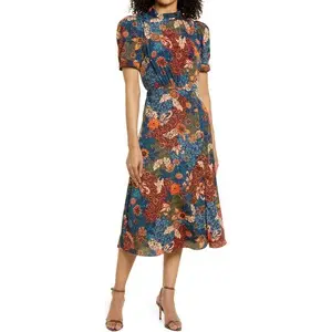 Julia Jordan Floral Puff Sleeve A-line Midi Dress